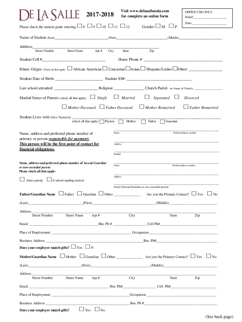 Fillable Online Application Process - New Orleans - De La Salle High ...