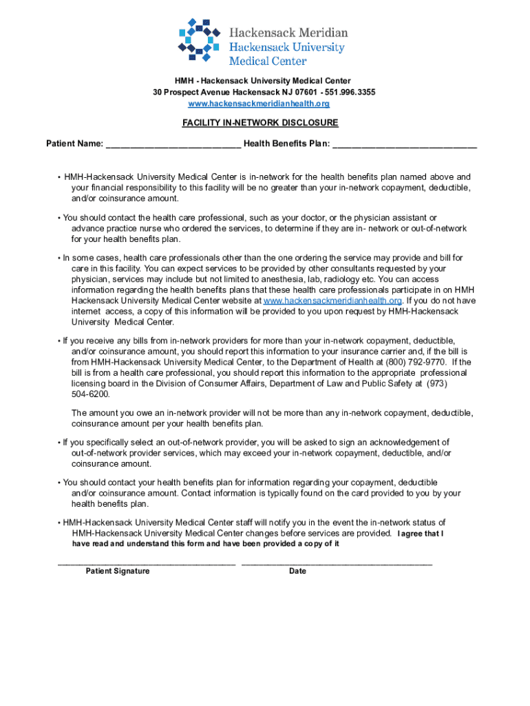 Fillable Online HMH - Hackensack University Medical Center 30 Prospect ...