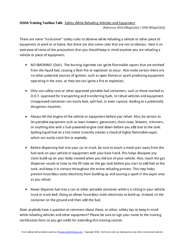 Fillable Online OSHA Training Toolbox Talk: Safety While Refueling ...