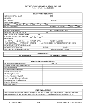 Fillable Online SUPPORTS WAIVER INDIVIDUAL SERVICE PLAN (ISP ... Fax ...