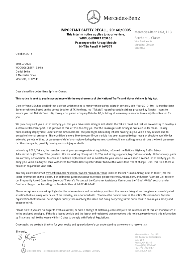 Fillable Online Mercedes C-Class: Silent recall for the Airbag control ...