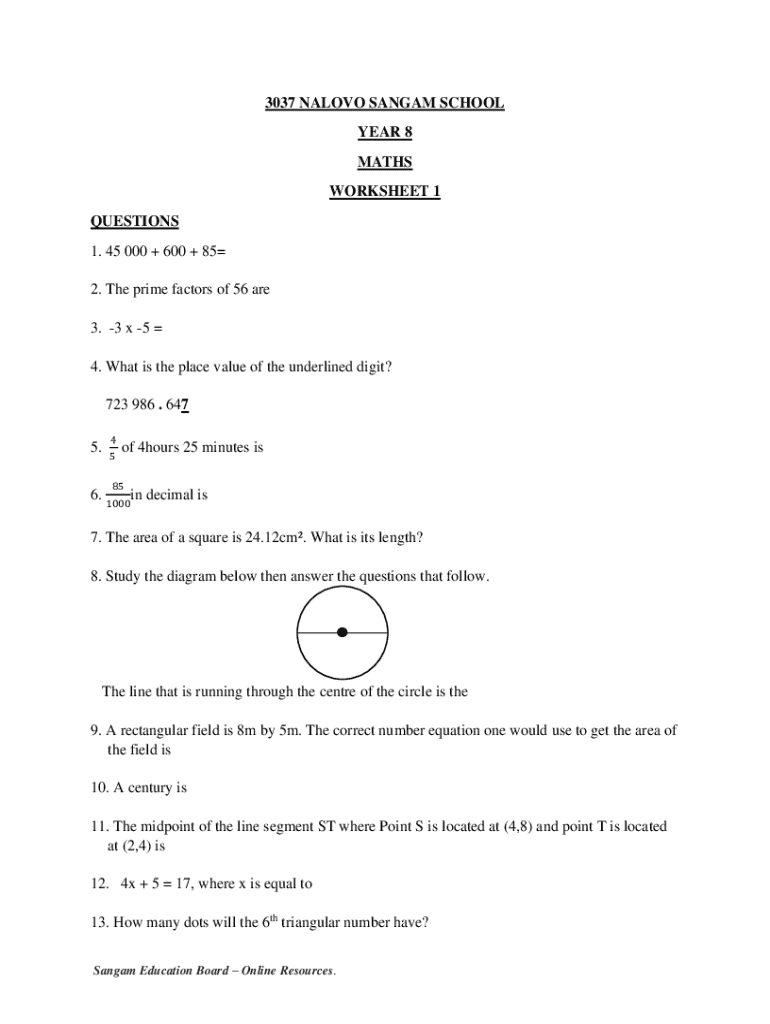 Fillable Online 3037 NALOVO SANGAM SCHOOL YEAR 8 MATHS WORKSHEET 1 ...