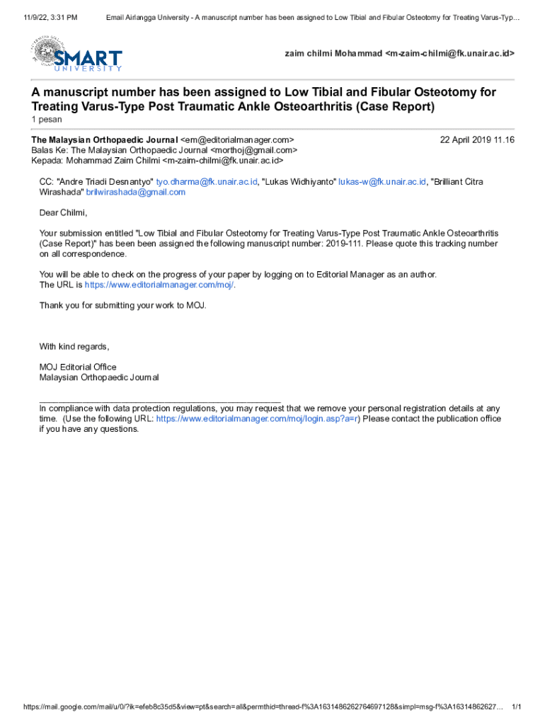 Fillable Online A manuscript number has been assigned to Low Tibial and ...