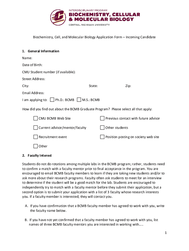 Fillable Online 1 Biochemistry, Cell, and Molecular Biology Application ...