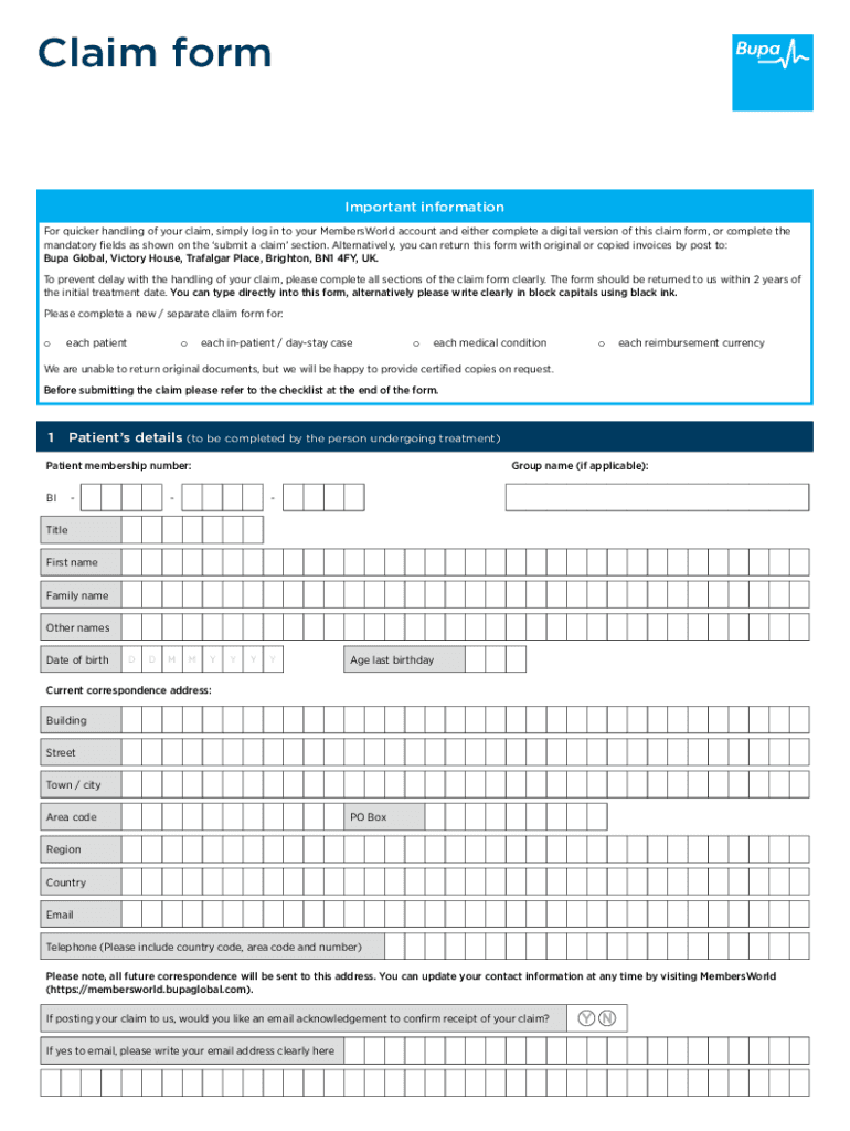 Fillable Online Bupa medical certificate form BUPA GLOBAL CLAIM FORM ...