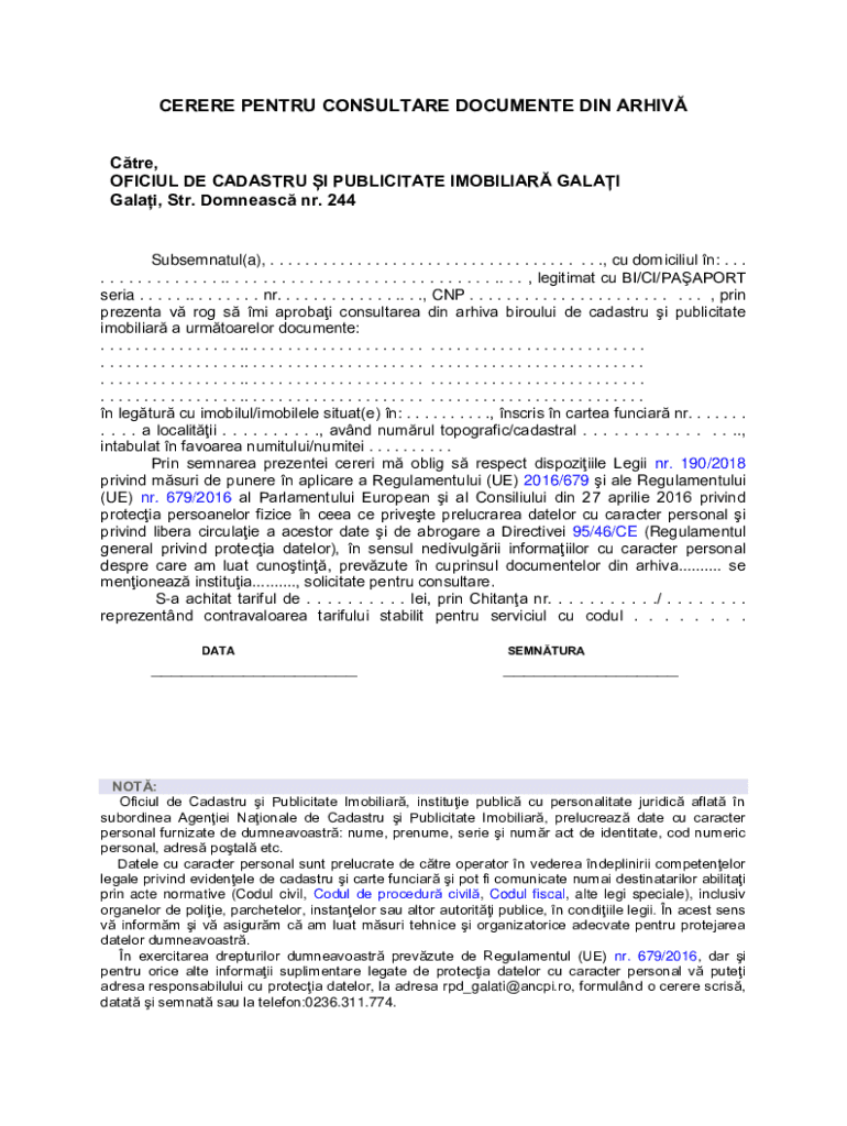 Fillable Online CERERE PENTRU CONSULTARE DOCUMENTE DIN ... Fax Email Print - pdfFiller