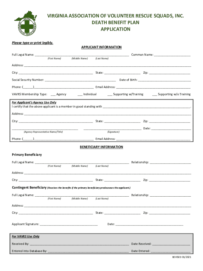 Fillable Online death benefit plan application instructions Fax Email ...