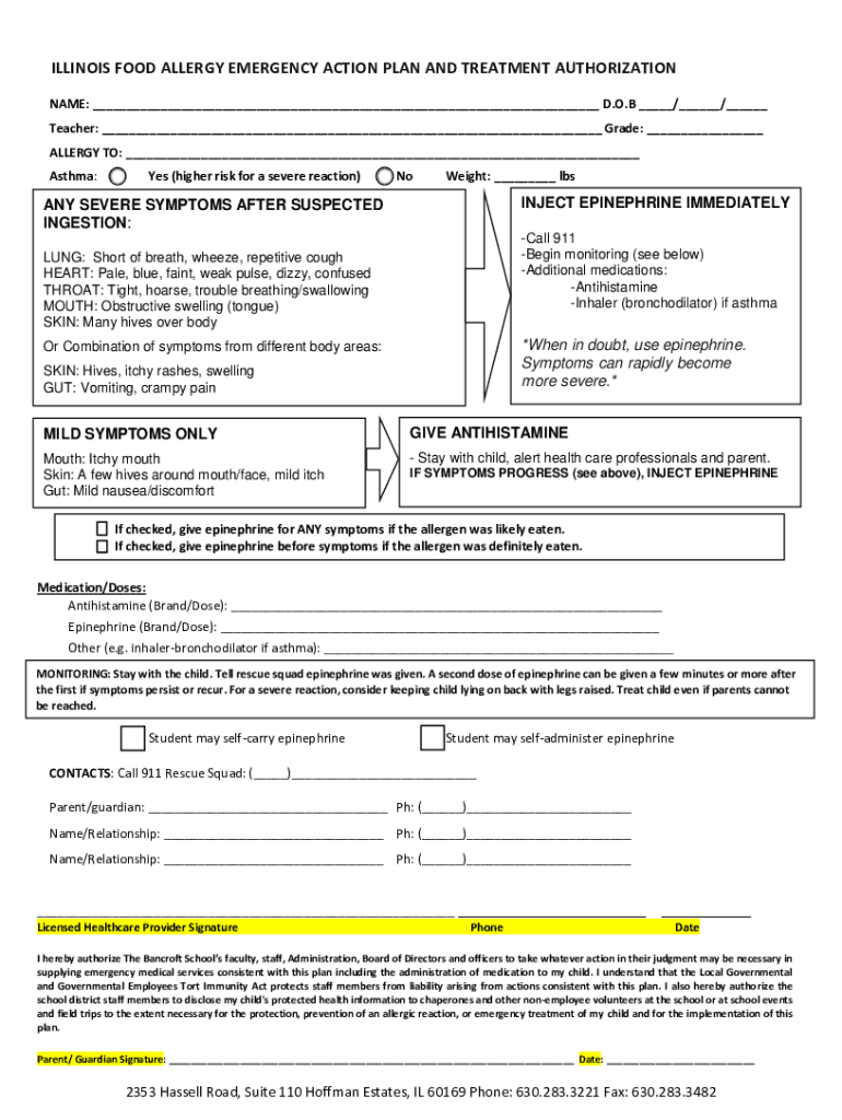 Fillable Online Food Allergy Action Plan - Copy Fax Email Print - pdfFiller