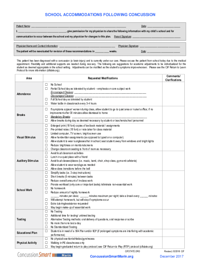 Fillable Online Accommodations for Students after a Concussion Fax ...