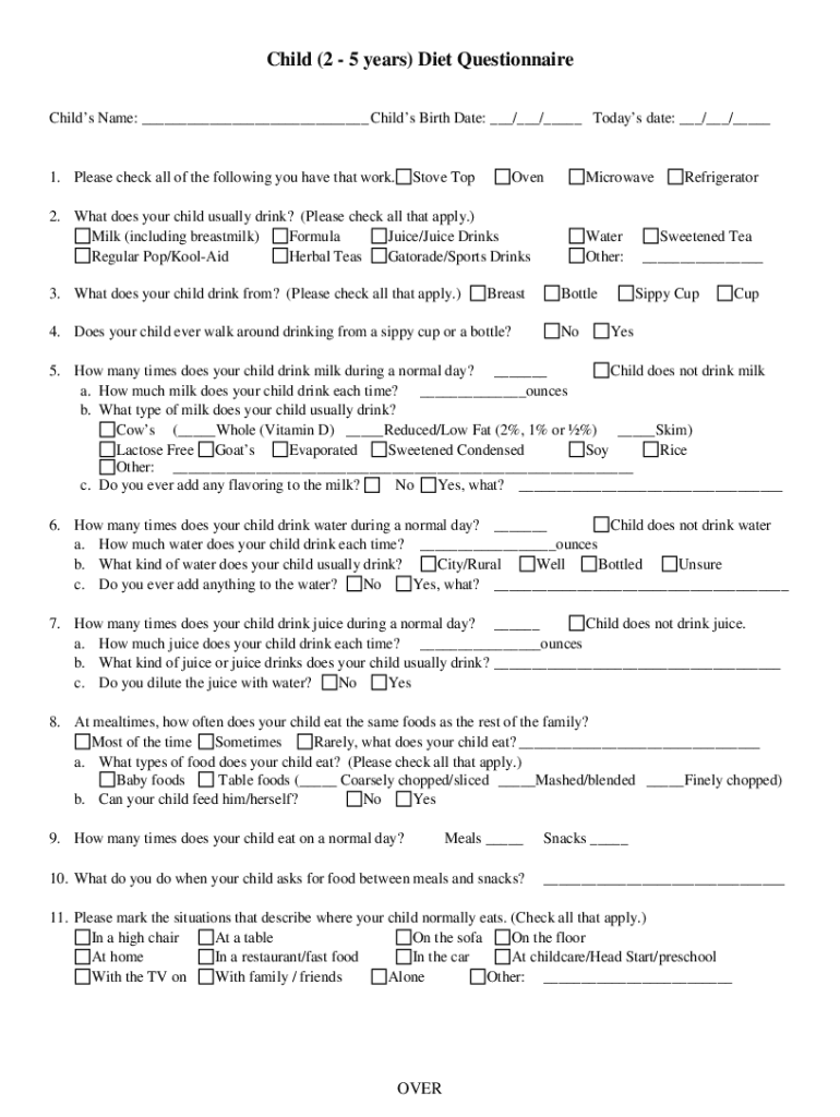 Fillable Online Infant/Toddler Diet Questionnaire. Infant/Toddler Diet ...
