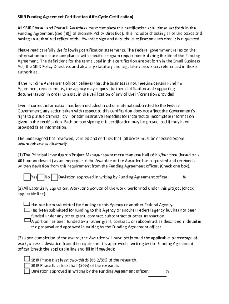 Fillable Online techpartnerships noaa 1 SBIR Funding Agreement CertificationLife Cycle ... Fax ...