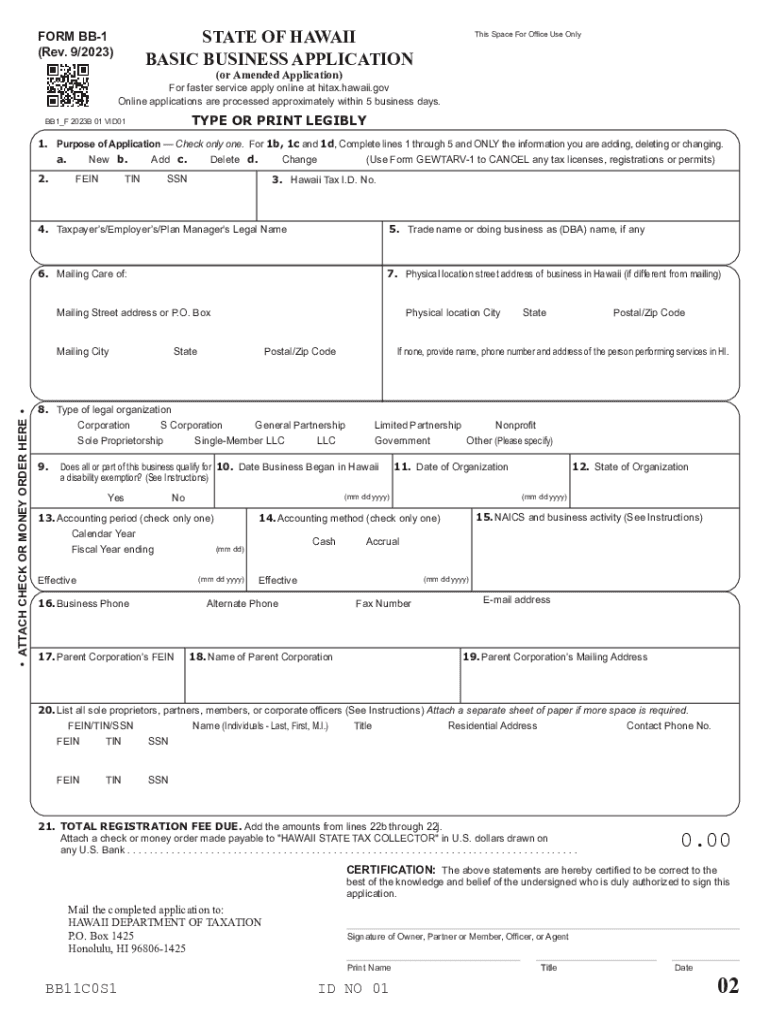 Form BB-1, Rev 9 2023, State of Hawaii Basic Business Application Forms ...