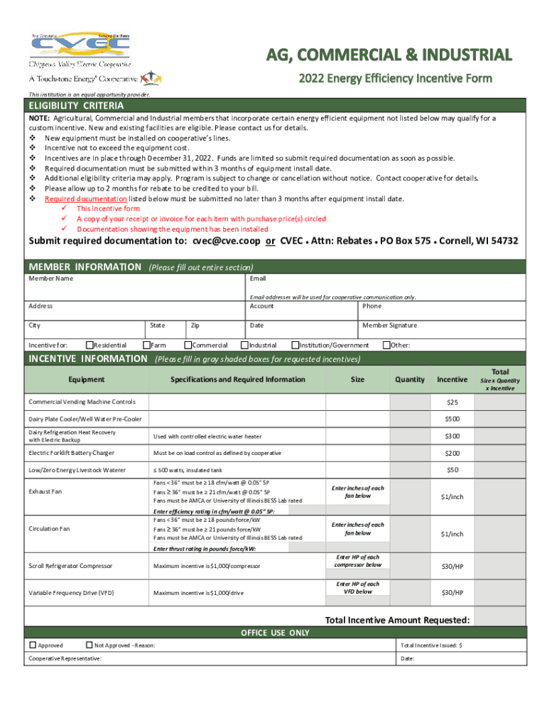 Fillable Online 2022 Incentive Form -- Ag Commercial Industrial CVEC ...
