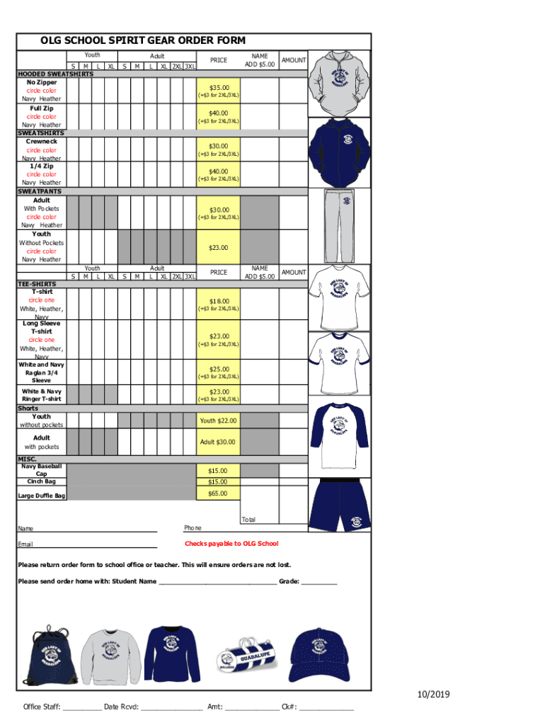 Fillable Online OLG SCHOOL SPIRIT GEAR ORDER FORM Fax Email Print ...