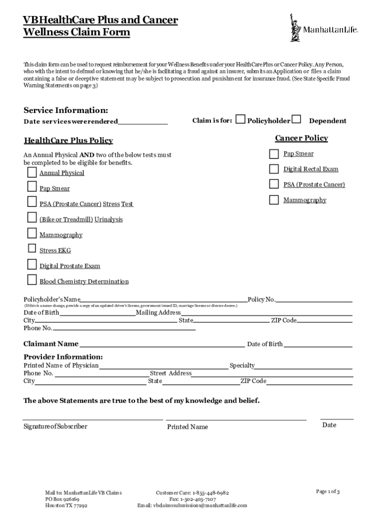 Fillable Online VB HealthCare Plus and Cancer Policy Wellness Claim ...