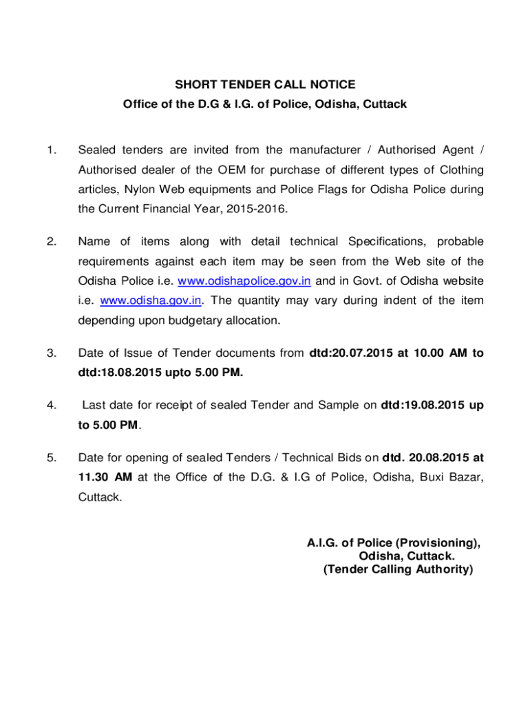 Fillable Online Fillable Online SHORT TENDER CALL NOTICE Office of the ...