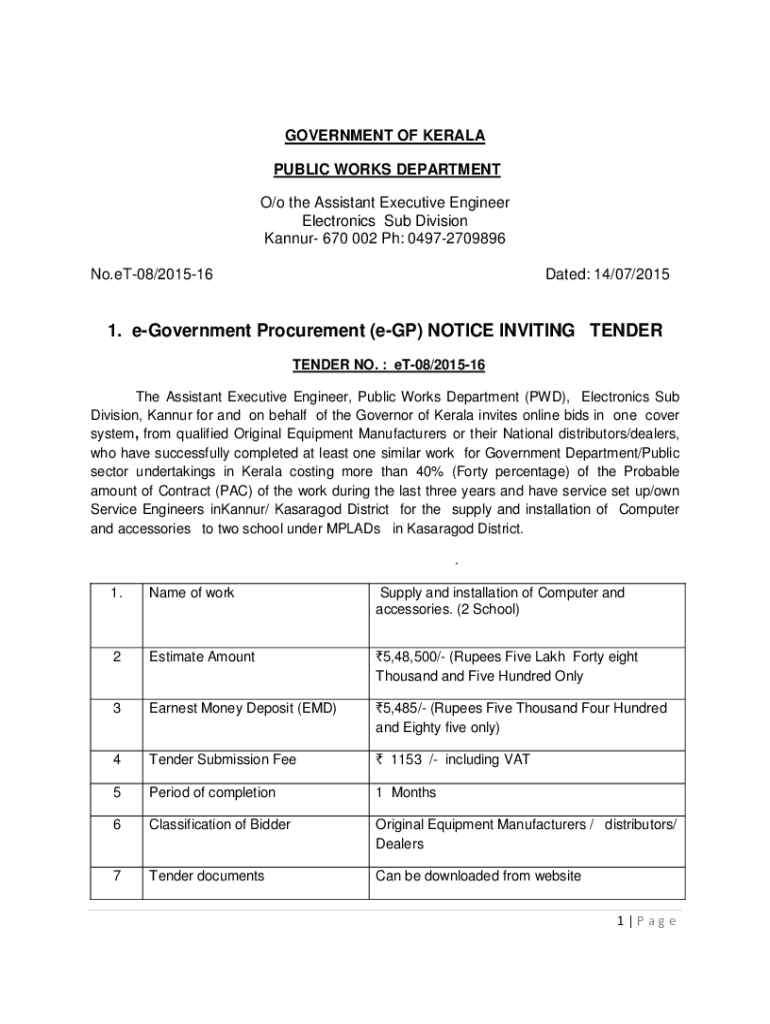 Fillable Online 1. e-Government Procurement (e-GP) NOTICE INVITING ...