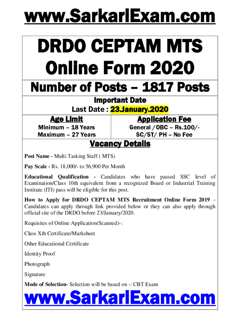 Fillable Online DRDO CEPTAM MTS Online Form 2020 - Sarkari Exam Fax ...