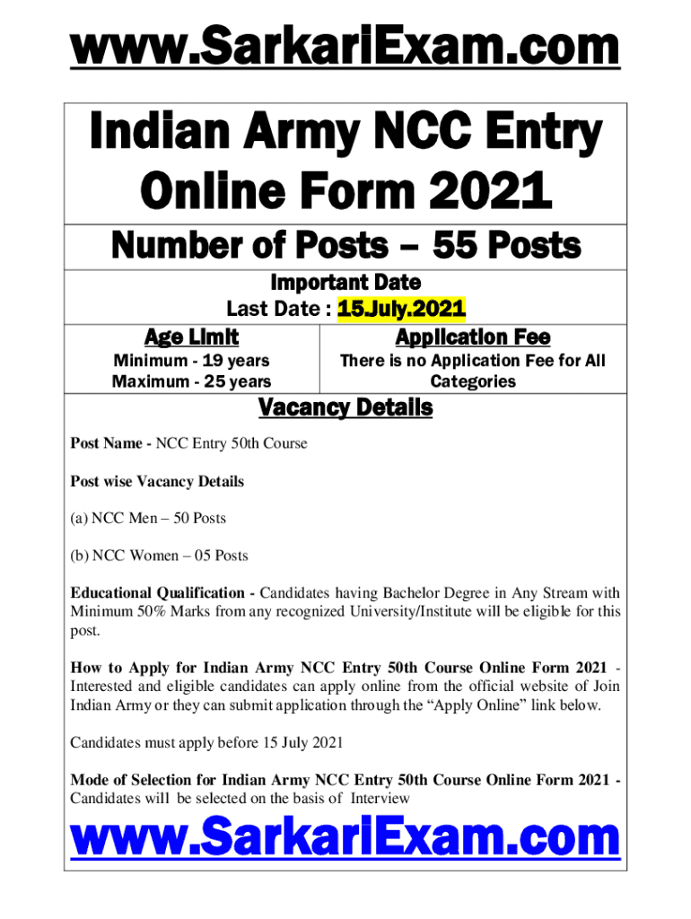 Fillable Online Indian Army NCC Special Entry 50 Online Form 2021 For 55 ... Fax Email Print ...