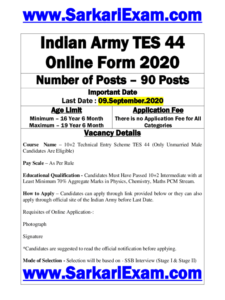 Fillable Online Indian Army TES Online Form 2020 TES 44 for 90 Post Fax ...