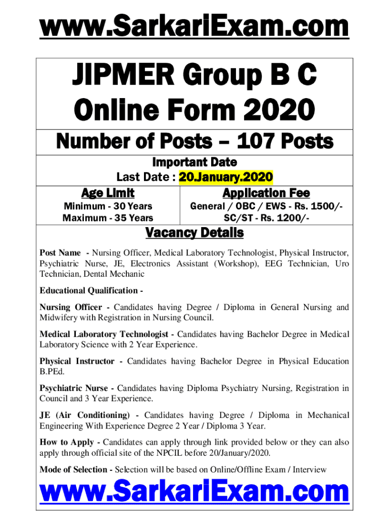 Fillable Online JIPMER Group B & C Various Post Online Form 2023 Fax ...