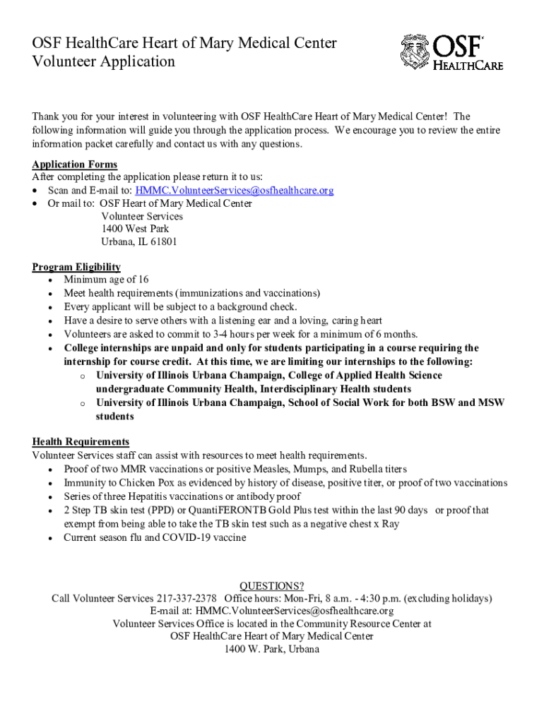 Fillable Online OSF HealthCare Heart of Mary Medical Center Volunteer ...