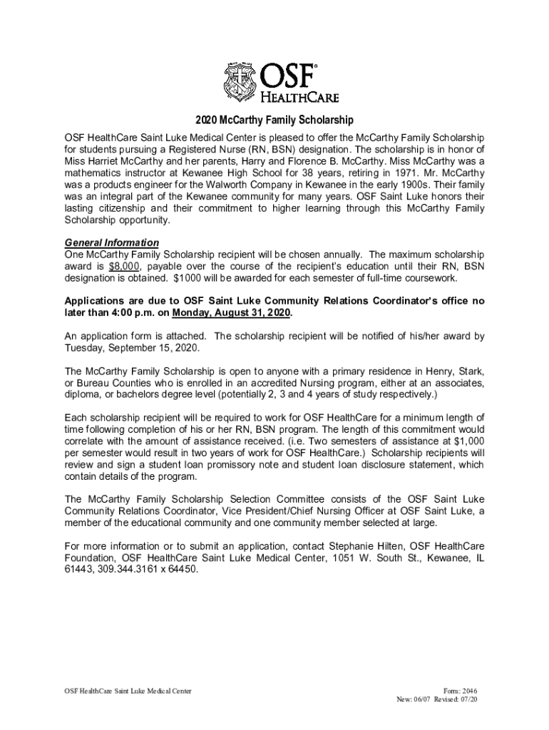 Fillable Online OSF Scholarship of $5000 to students in a medical field ...