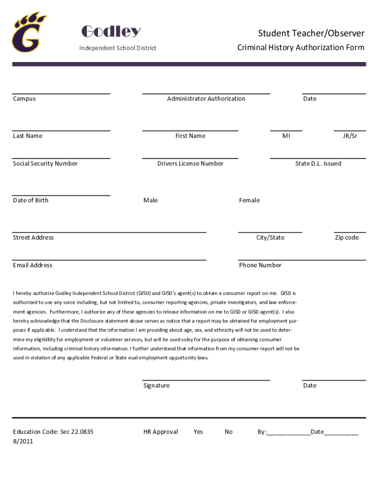 Fillable Online Student Teacher/Observer Criminal History Authorization ...
