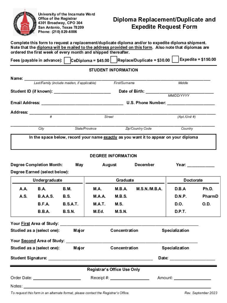 Fillable Online Diploma Replacement, Duplicate and Expedite Request ...