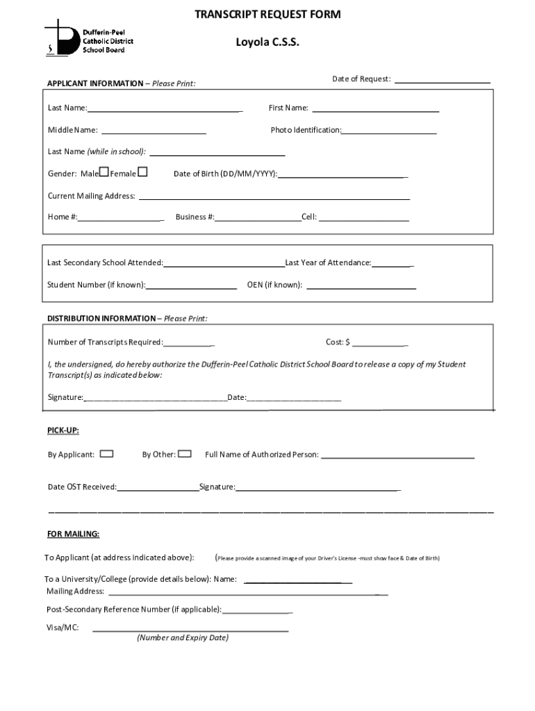 Fillable Online TRANSCRIPT REQUEST FORM Loyola C.S.S. Fax Email Print - pdfFiller