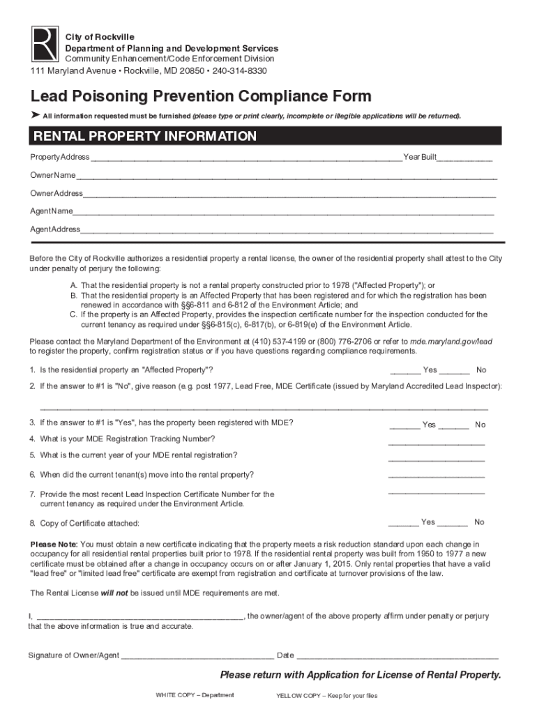 Fillable Online Lead Poisoning Prevention Compliance Form Rockville, MD ...