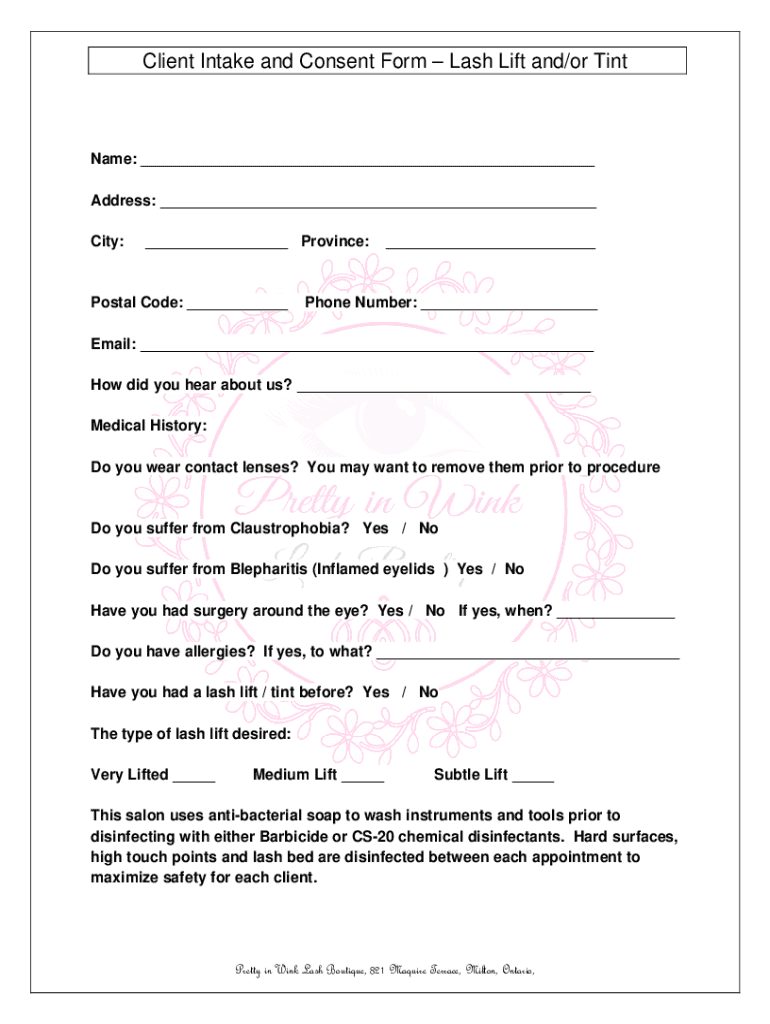 Fillable Online Client Intake and Consent Form Lash Lift and/or Tint ...