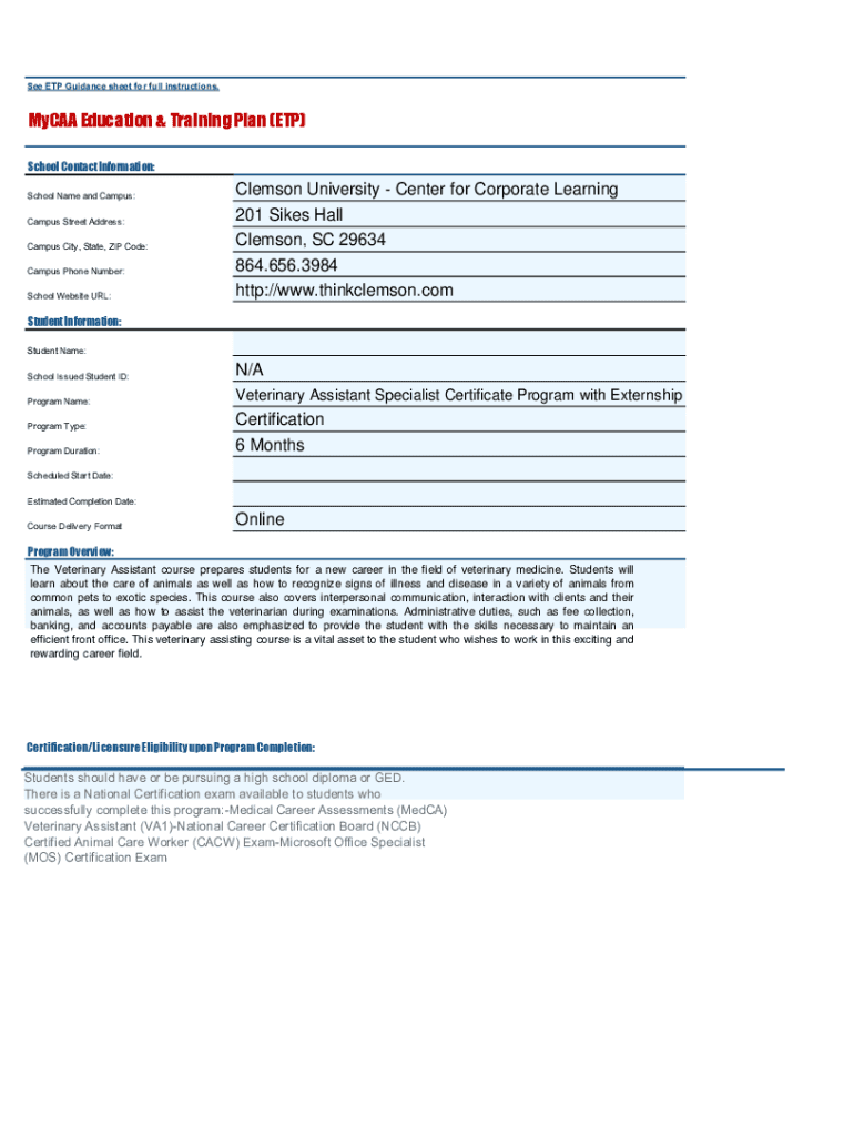 Fillable Online Training Plan (ETP). MyCAA ETP form and instructions ...