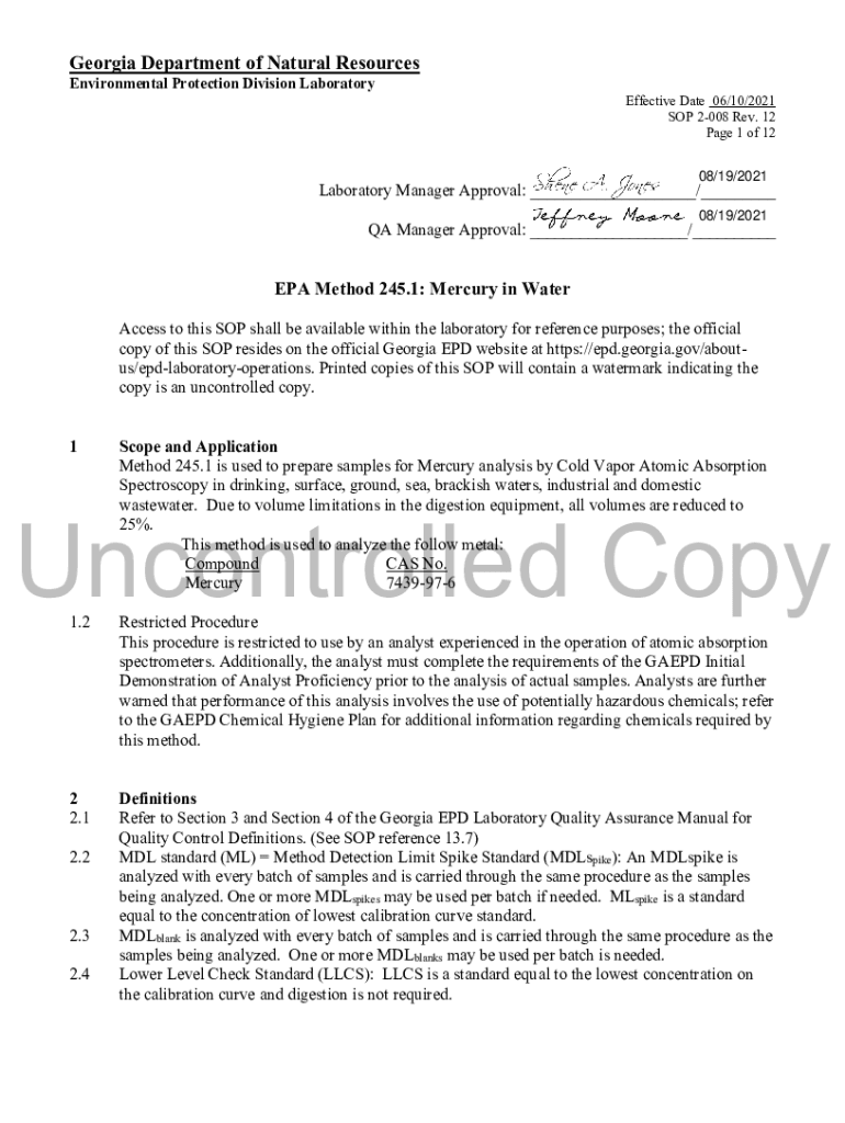 Fillable Online SOP 2-008 Rev. 12 - EPA Method 245.1: Mercury in Water ...