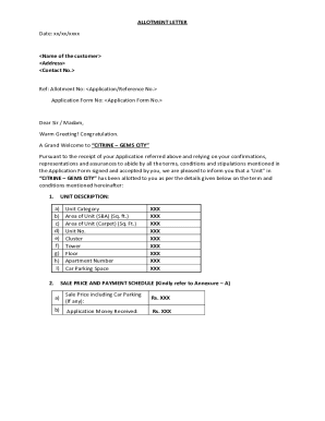 Fillable Online Application for Quarter Allotment: Format and Sample ...