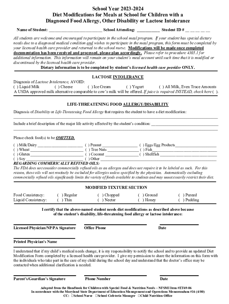 Fillable Online Polk County School Nutrition Diet Modification Form ...