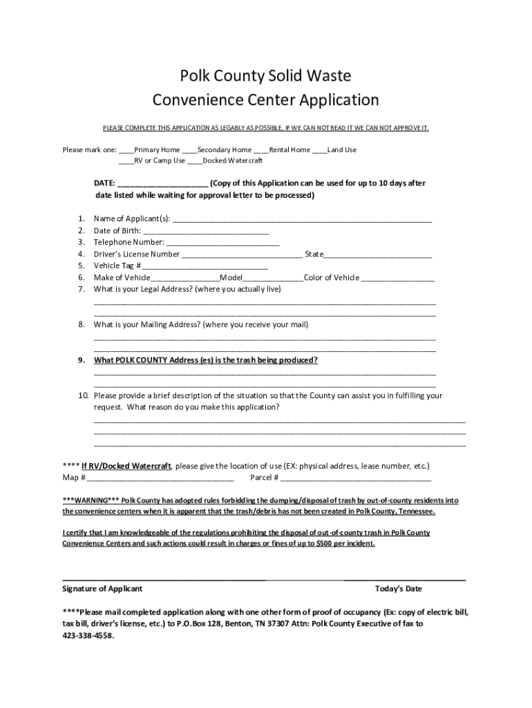 Fillable Online Polk County Solid Waste Convenience Center Application Fax Email Print - pdfFiller