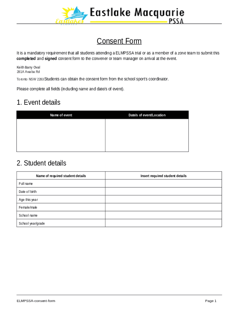 Hunter SSA consent to attend sporting event Doc Template | pdfFiller