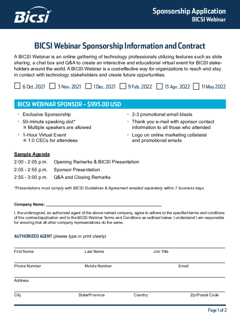 Fillable Online BICSI Webinar Sponsorship Information and Contract Fax ...