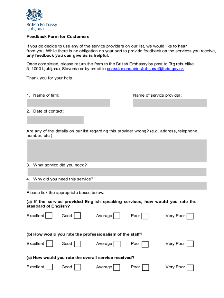 Fillable Online Feedback Form for Customers If you do decide to use any ...