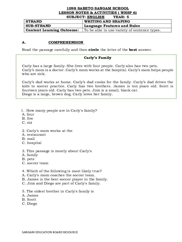 Fillable Online 1098 sabeto sangam school english worksheet 6 year Fax ...