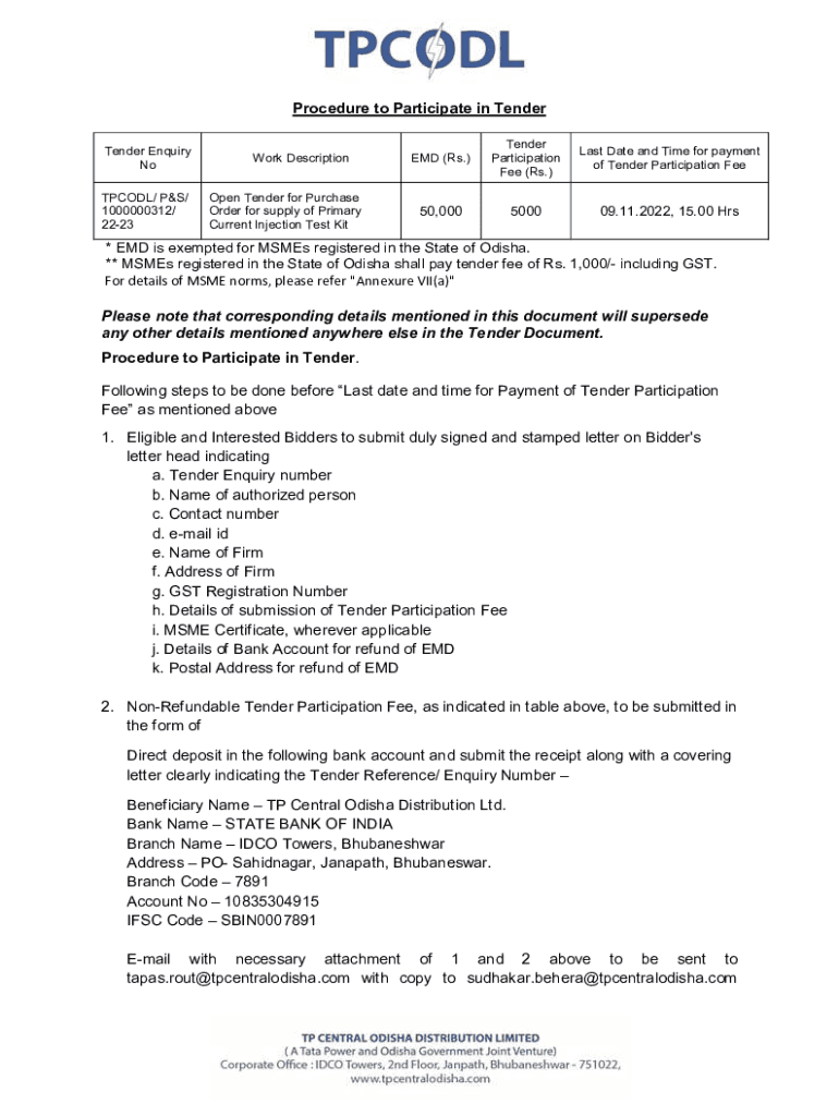 Fillable Online Open Tender Notification For Rate Contract for ...