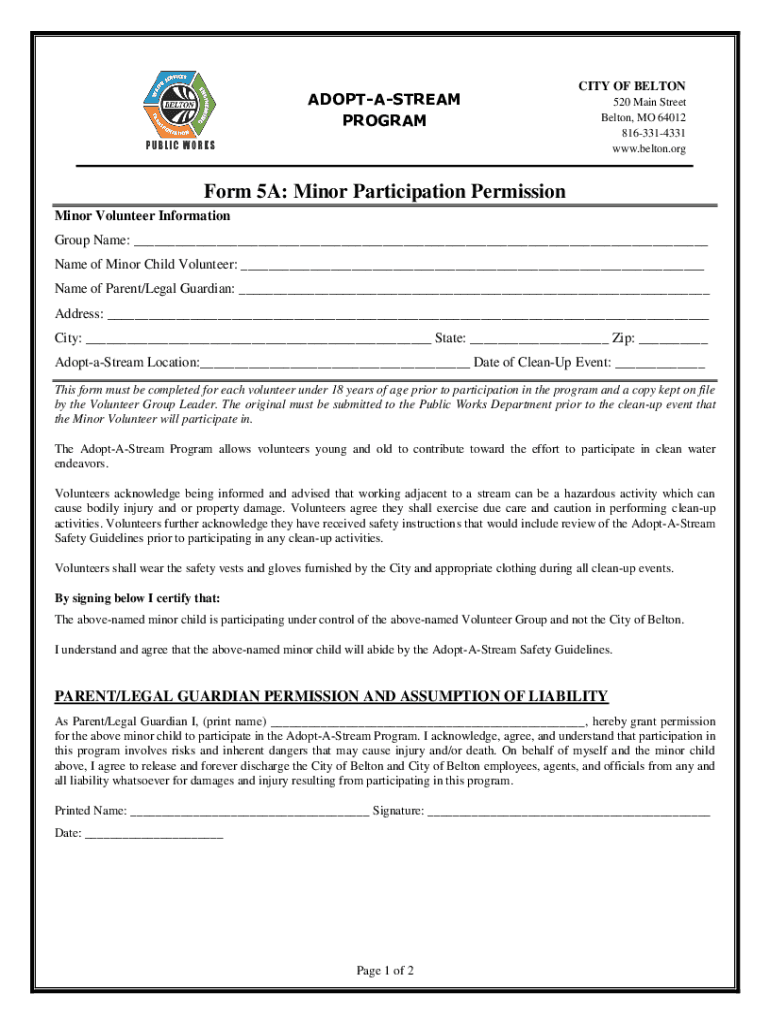 Fillable Online Form 5A: Minor Participation PermissionBelton.org Fax ...