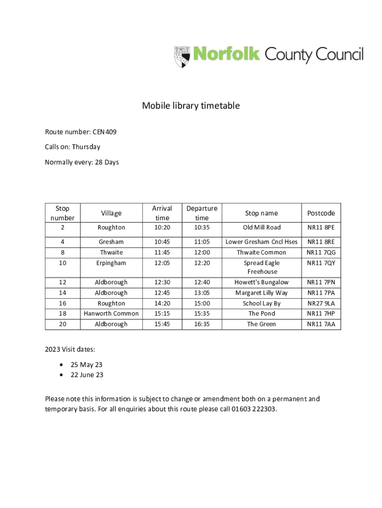 Fillable Online Mobile library timetable route CEN409 Fax Email Print ...