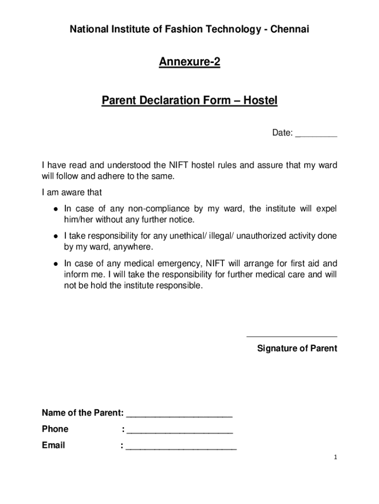 Fillable Online Annexure-2 Parent Declaration FormHostel - Chennai Fax ...