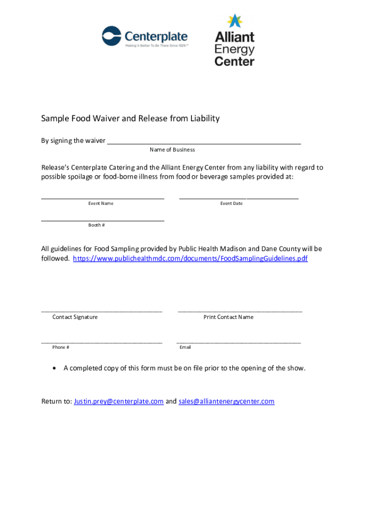 Fillable Online Leftover Food Waiver and Release Liability Form Fax ...