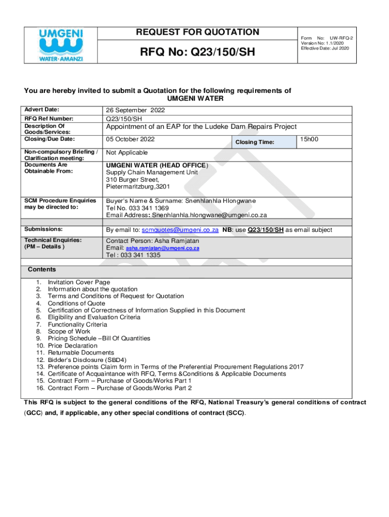 Fillable Online REQUEST FOR QUOTATION - RFQ No: Q23/150/SH Fax Email Print - pdfFiller
