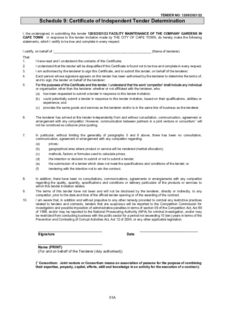 Fillable Online Schedule 9: Certificate of Independent Tender ...