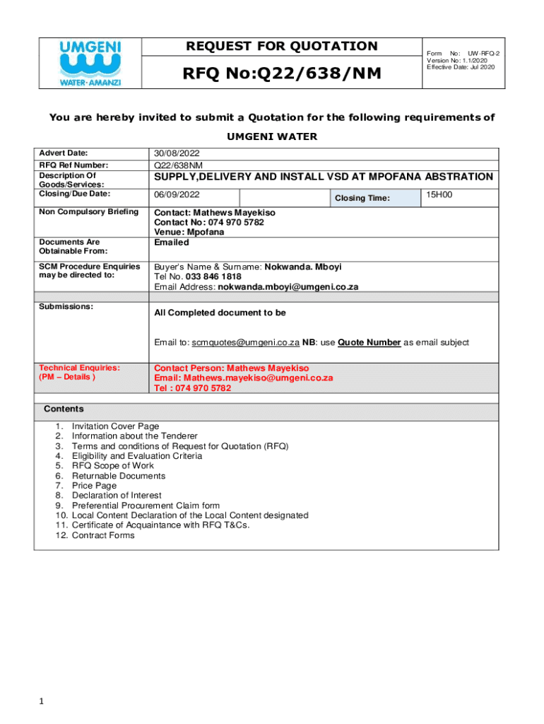 Fillable Online REQUEST FOR QUOTATION - RFQ No:Q22/638/NM Fax Email Print - pdfFiller