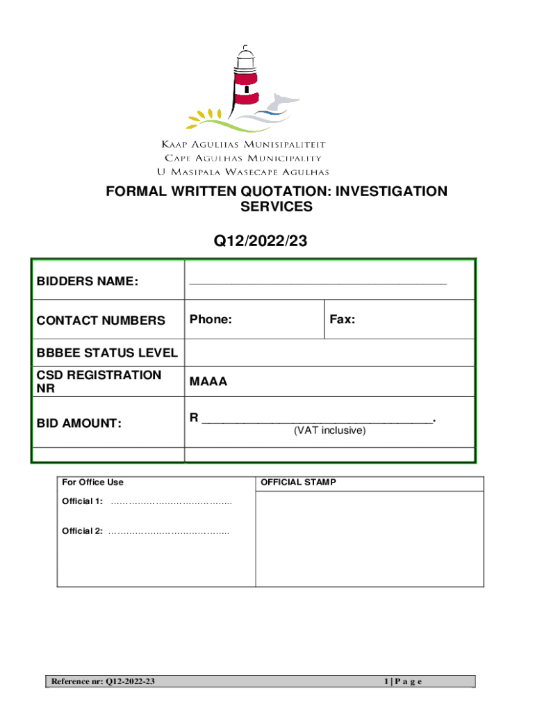 Fillable Online FORMAL WRITTEN QUOTATION: INVESTIGATION Fax Email Print ...